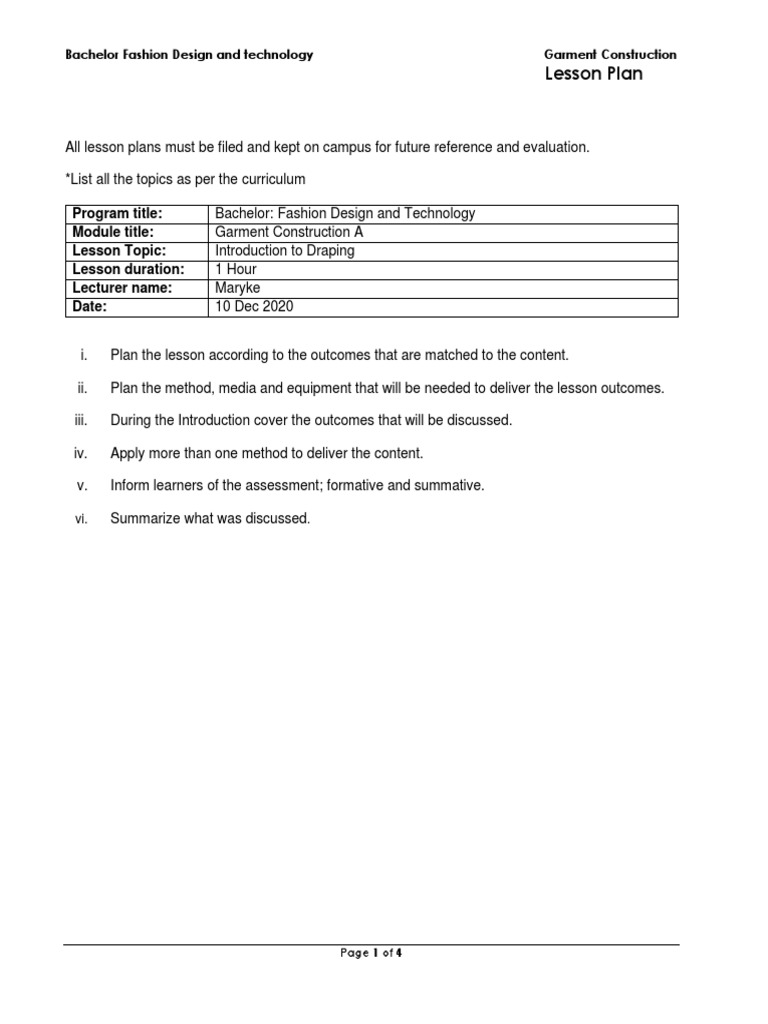LESSON PLAN - Garment Construction (Mock Lesson) | PDF | Lesson Plan ...
