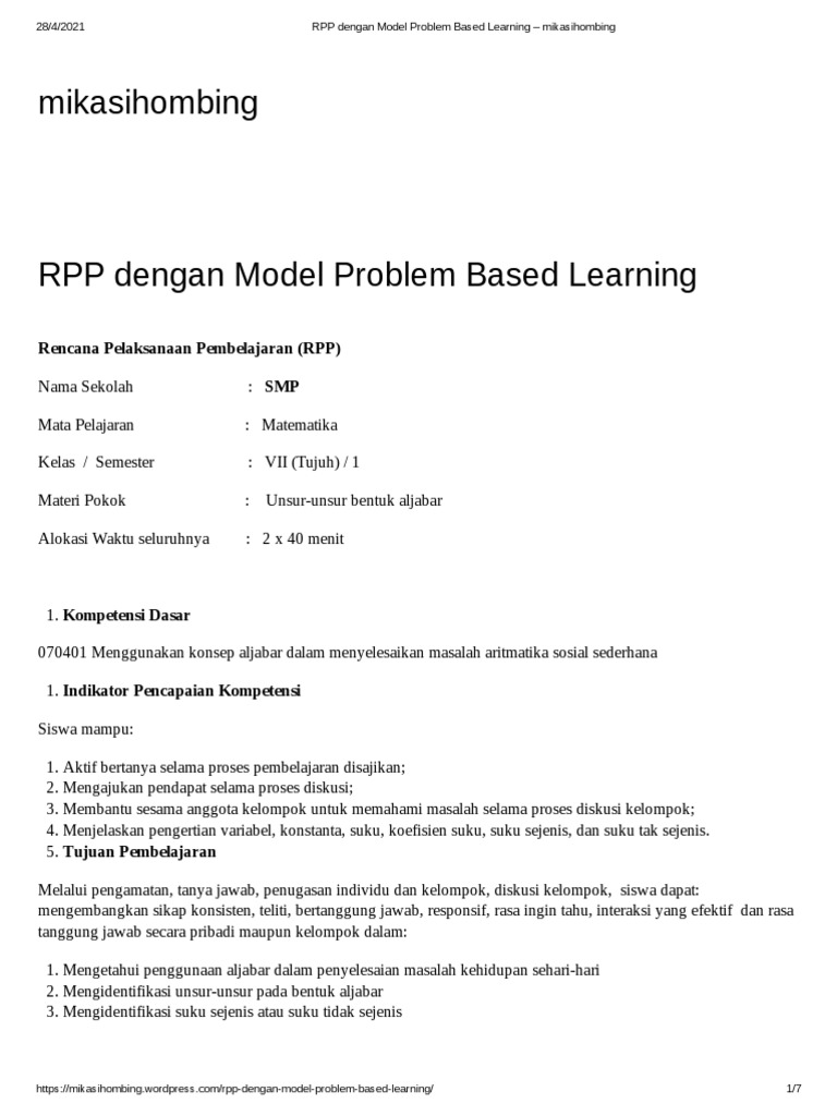 RPP Dengan Model Problem Based Learning - Mikasihombing | PDF