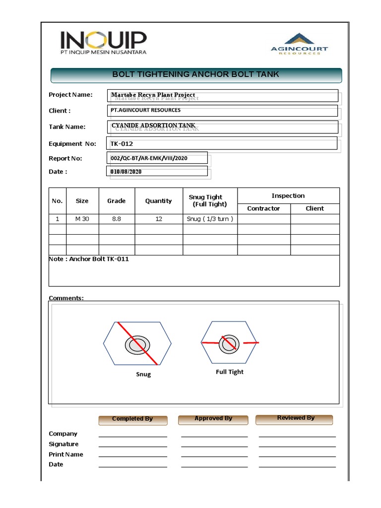 Snug Bolt Inspection Report TK-011 | PDF