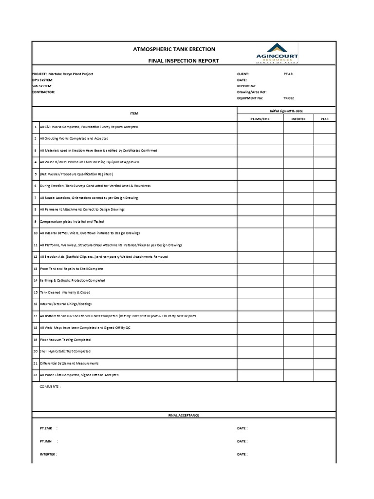 Atmospheric Tank Erection Final Inspection Report | PDF ...