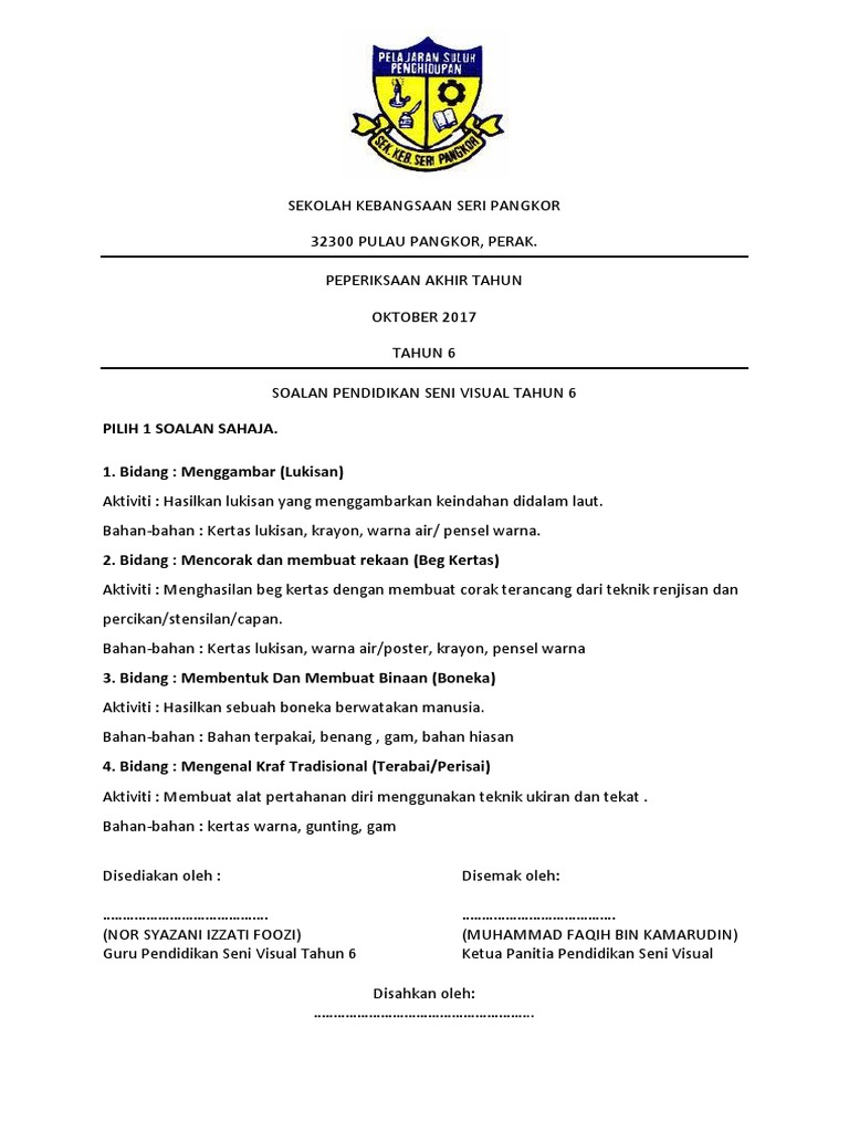 Soalan Pendidikan Seni Visual Tahun 6 | PDF