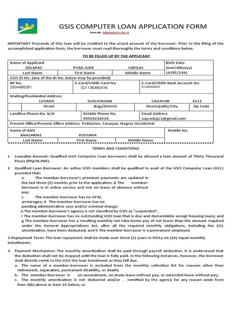 Gsis Computer Loan Application Form: To Be Filled Up by The Applicant ...