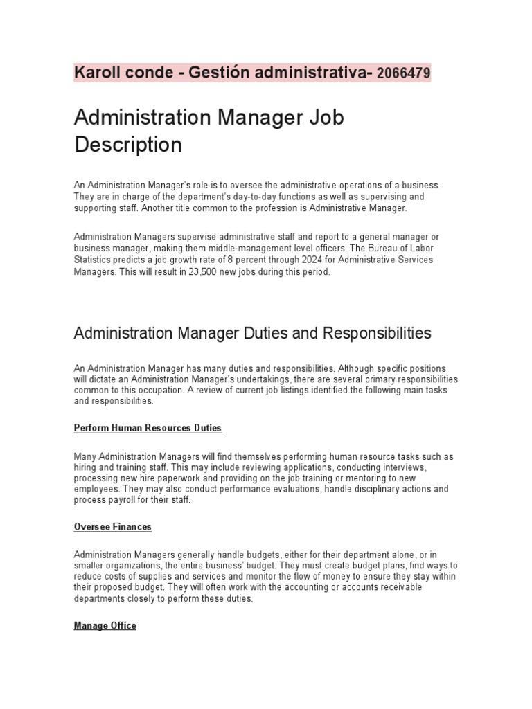 Administration Manager Job Description | PDF | Human Resources | Labor