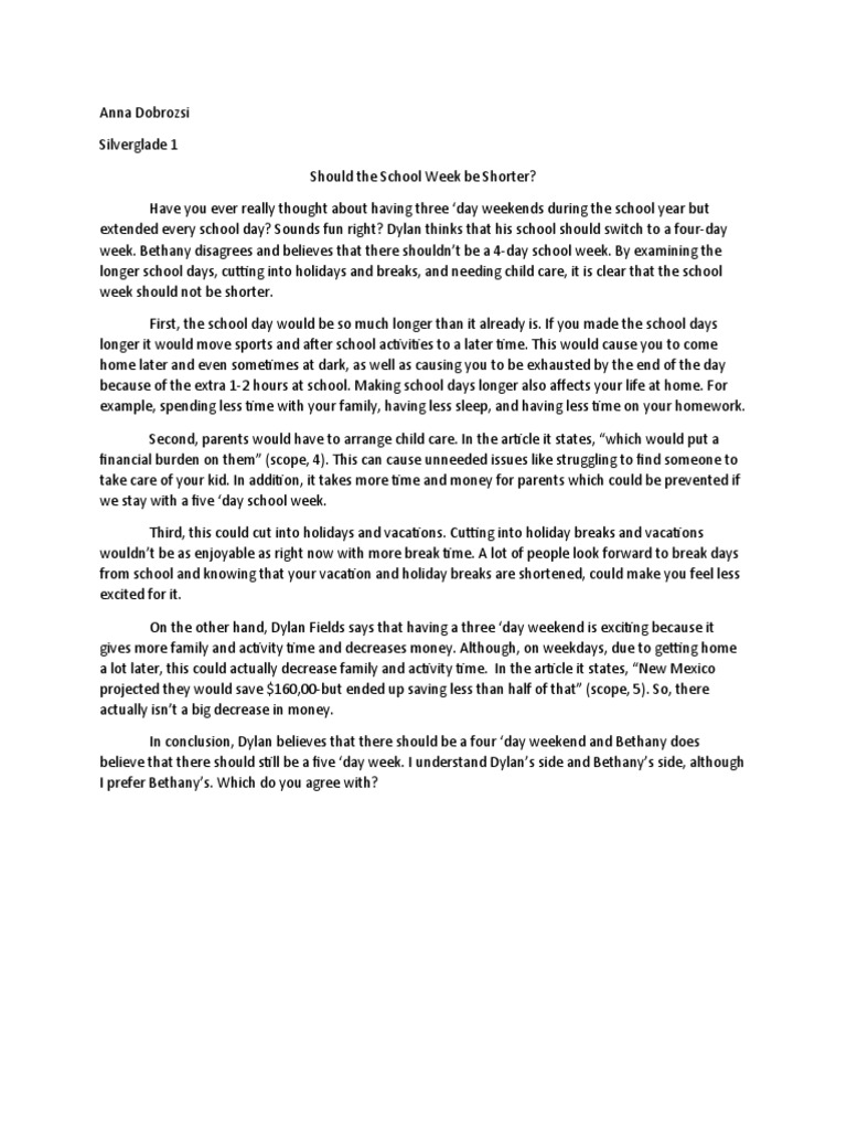 Should The School Week Be Shorter Argument Essay | PDF