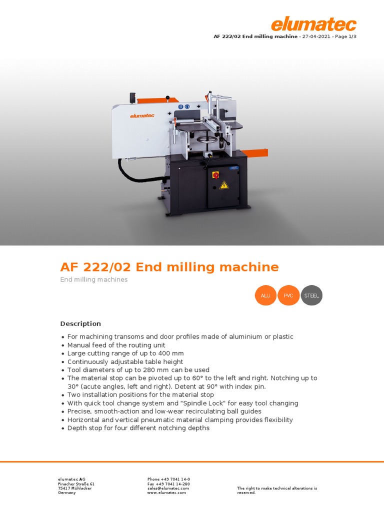 AF 222 - 02 End Milling Machine - Elumatec | PDF | Industrial Processes ...