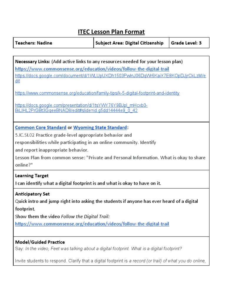 ITEC Lesson Plan Format: Teachers: Nadine Subject Area: Digital ...
