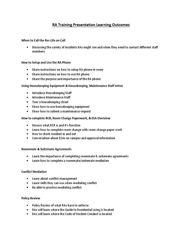 Ra Training Presentation Learning Outcomes Spring 2021 | PDF | Roommate ...