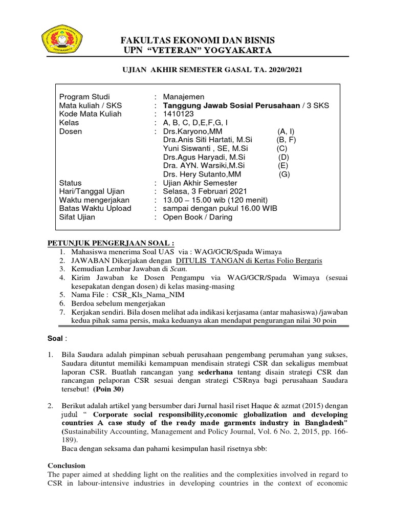 UAS CSR FEB UPNVY 2020/2021 | PDF