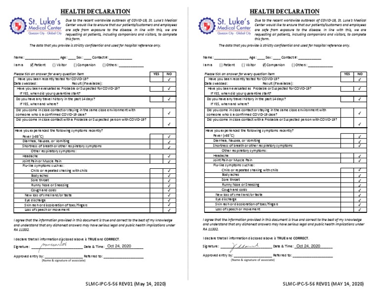 COVID-19 Health Declaration Form | PDF | Common Cold | Animal Diseases