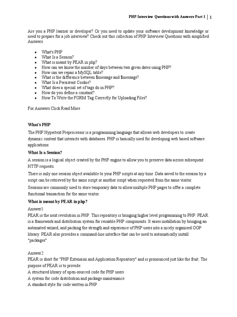 Php Interview Questions With Answers Part 1 Pdf Inquiry Pear