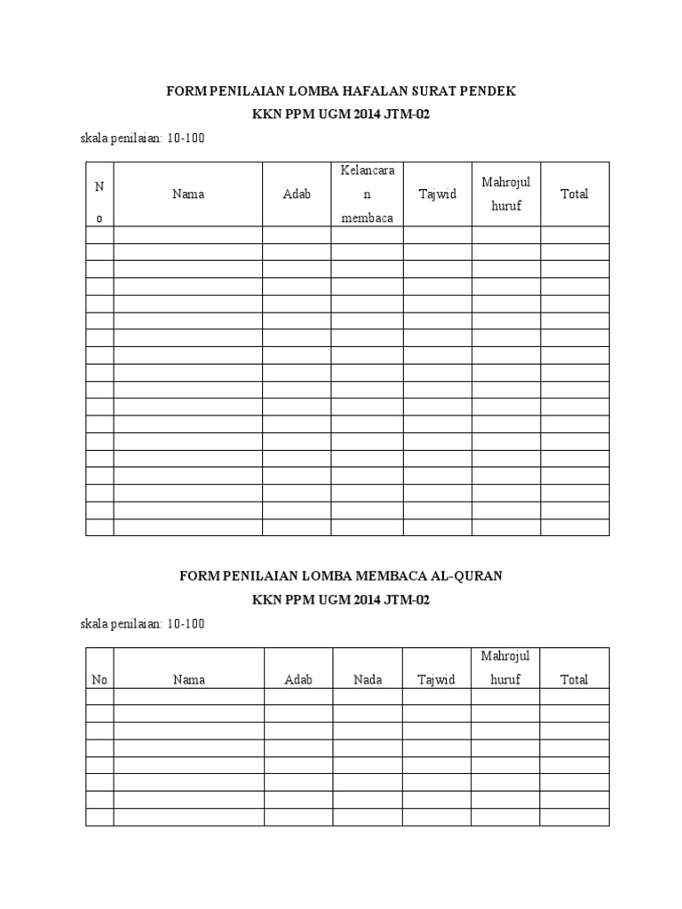 Form Penilaian Lomba Hafalan Surat Pendek | PDF