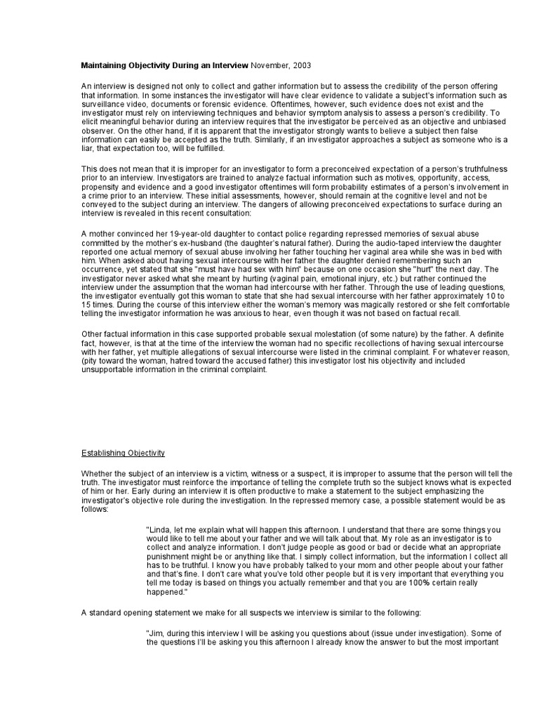 Maintaining Objectivity During An Interview November | PDF ...