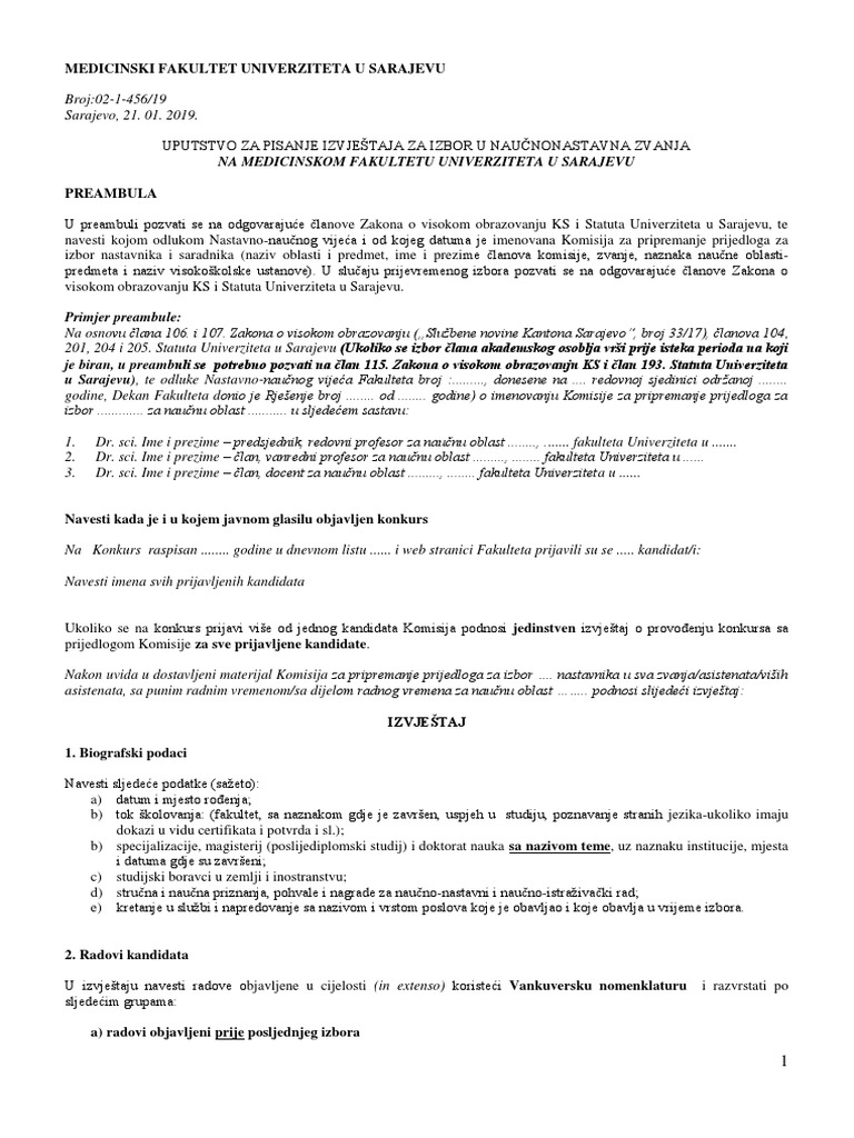 Izbori U Akademska Zvanja Uputstvo Za Pisanje Izvjestaja | PDF