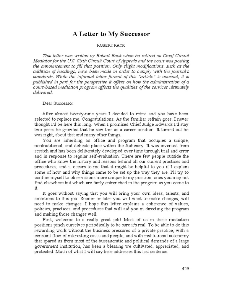 A Letter To My Successor: Robert Rack | PDF | Mediation | Law Clerk