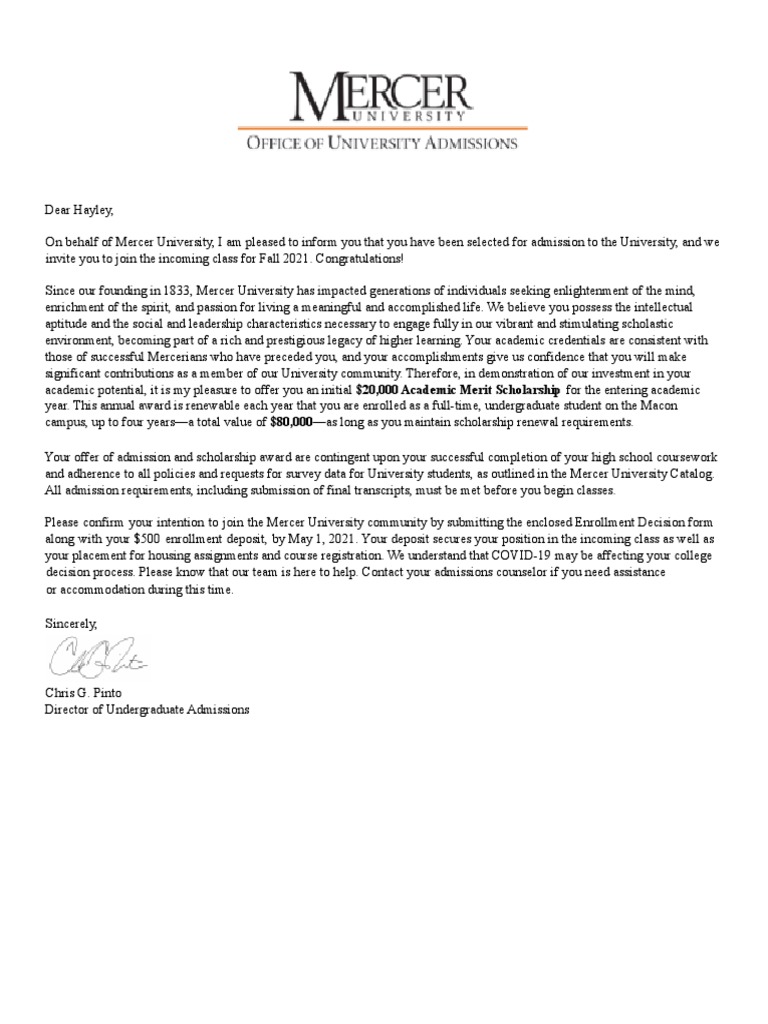 Mercer Acceptance Letter | PDF