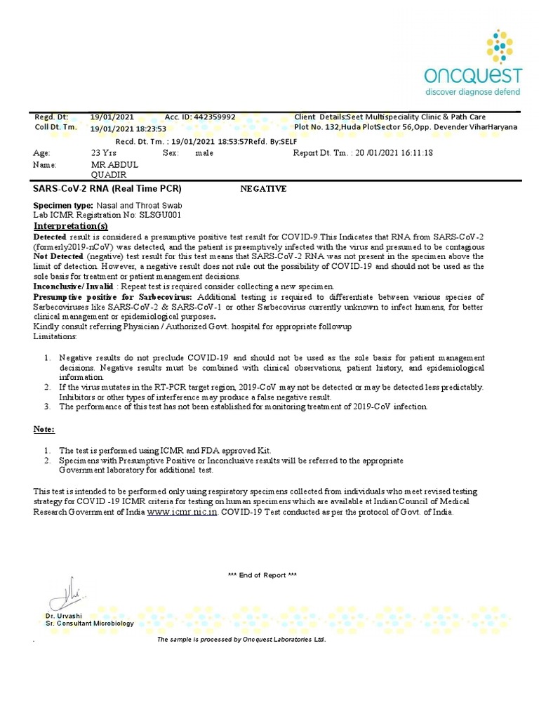 Interpretation(s) : Specimen Type: Nasal and Throat Swab | PDF ...