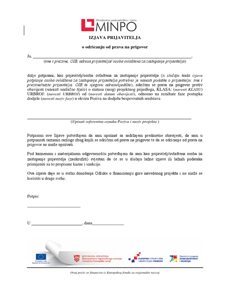 Izjave Prijavitelja o Odricanju Od Prava Na Prigovor | PDF