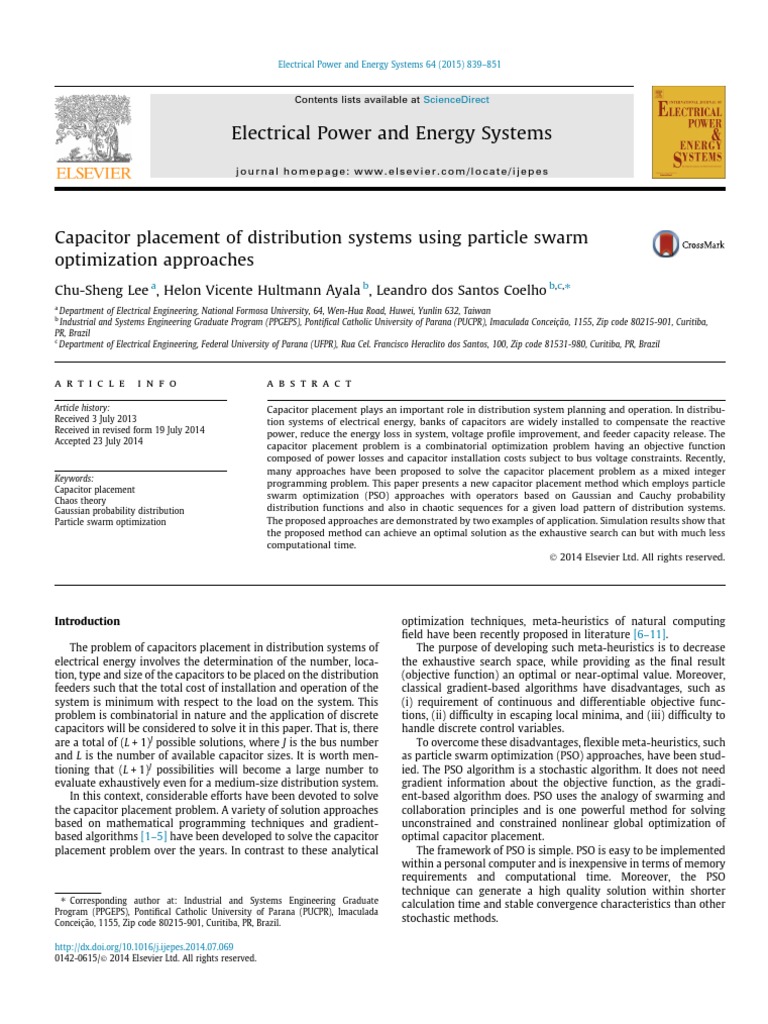 Capacitor Placement of Distribution Systems Using Particle Swarm Optimization Approaches | PDF ...