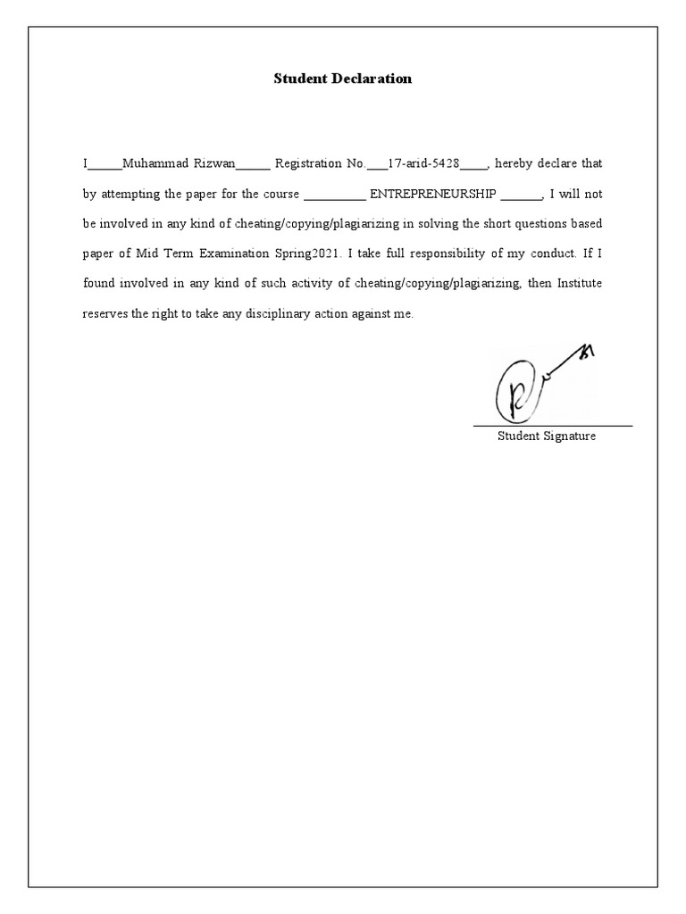 Student Declaration: Entrepreneurship | PDF | Entrepreneurship ...