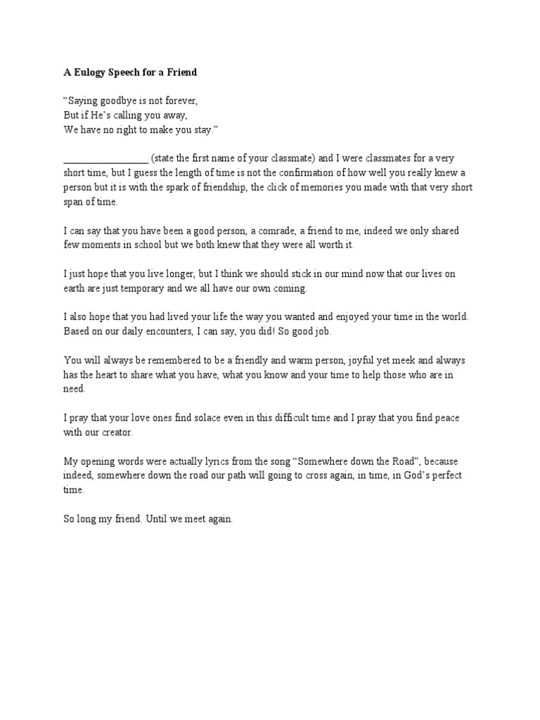 Eulogy Speech For A Friend | PDF