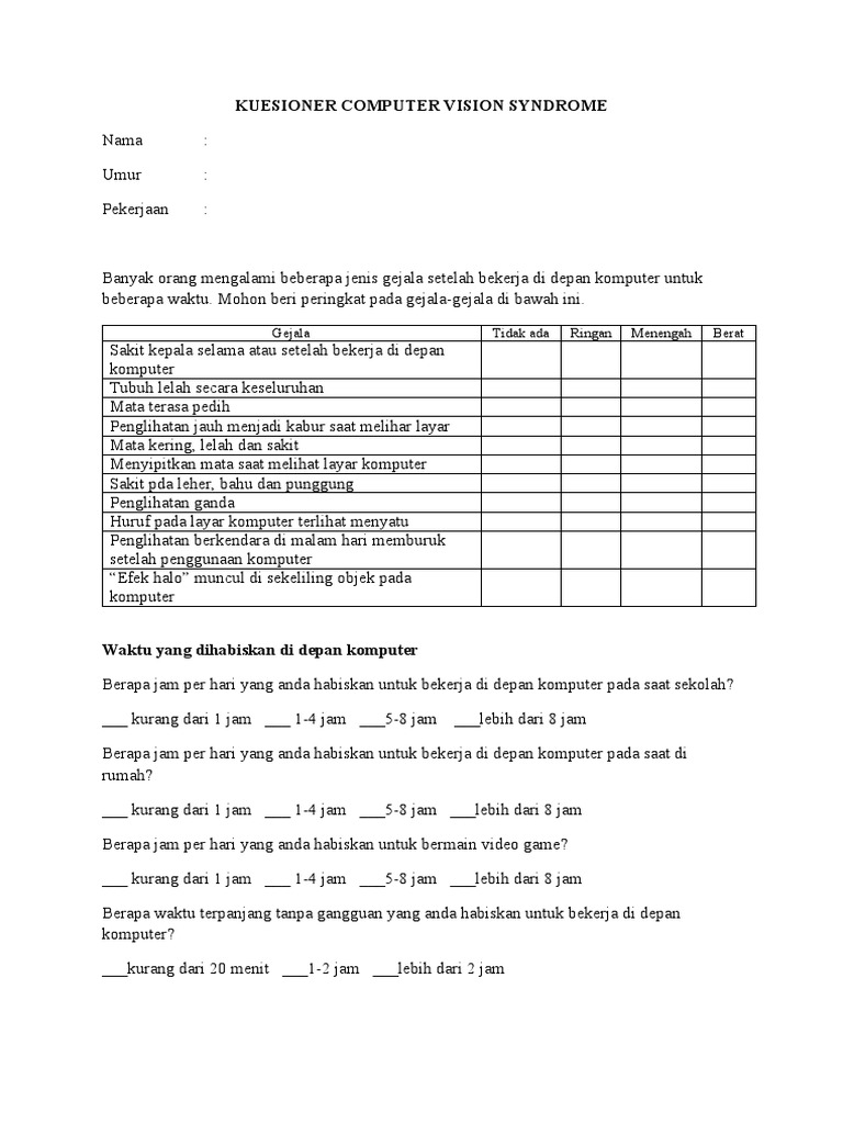 Kuesioner Computer Vision Syndrome | PDF