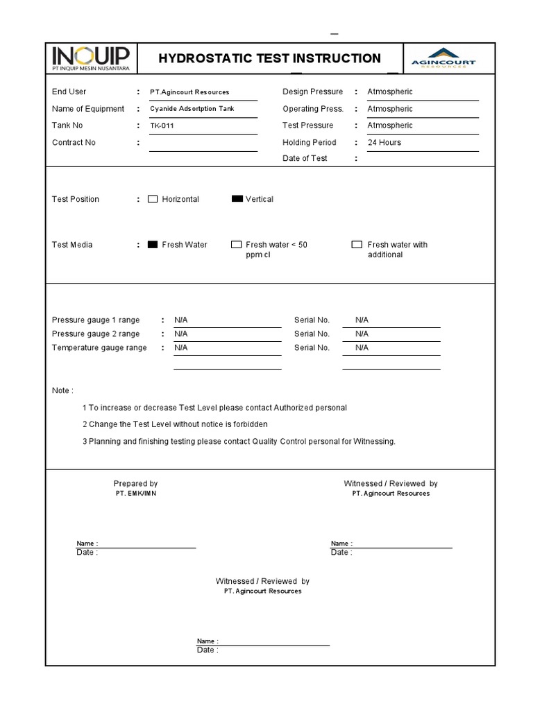 Hydrostatic Test Instruction: PT - Agincourt Resources Cyanide ...
