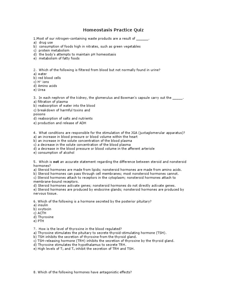 Homeostasis Practice Quiz | PDF | Action Potential | Neurotransmitter