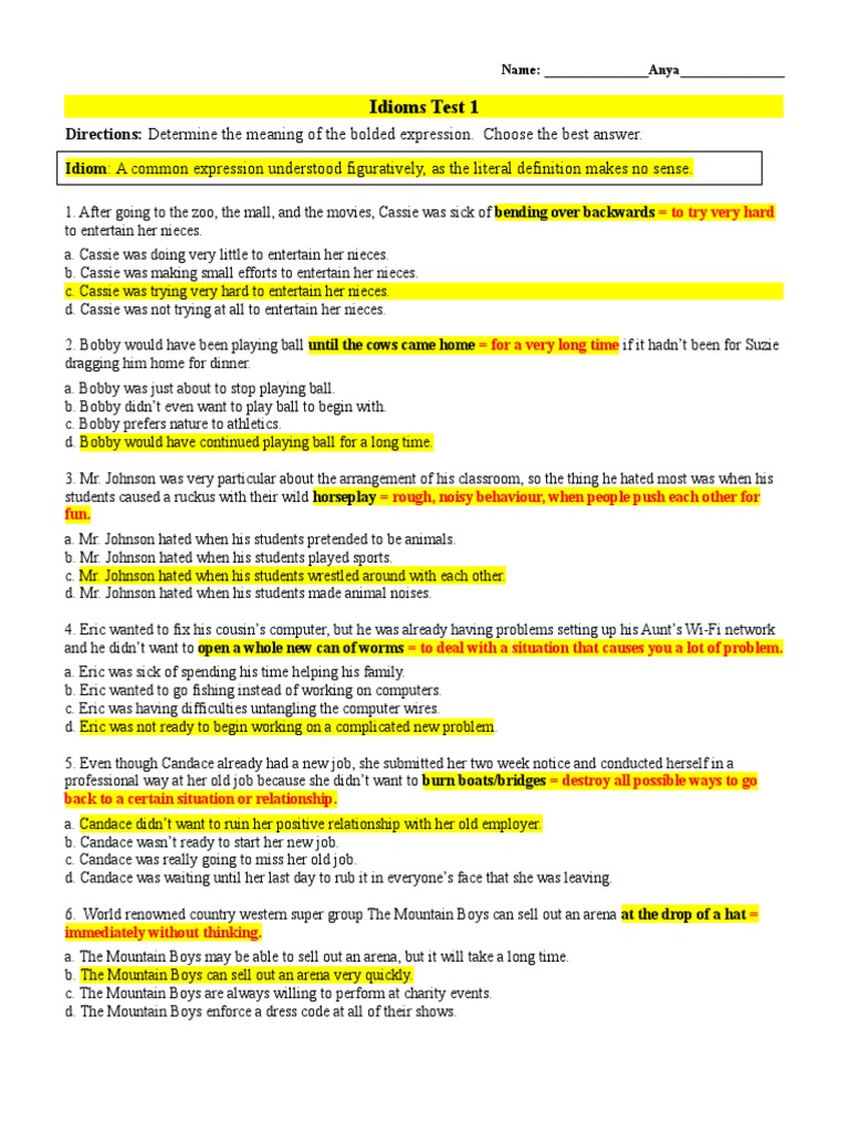 Idiom Test 1 | PDF