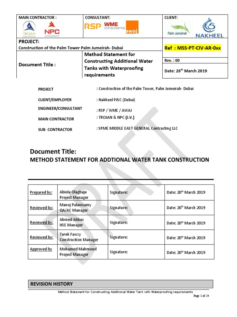 Water Tank Construction Method Statement | PDF | Concrete | General ...
