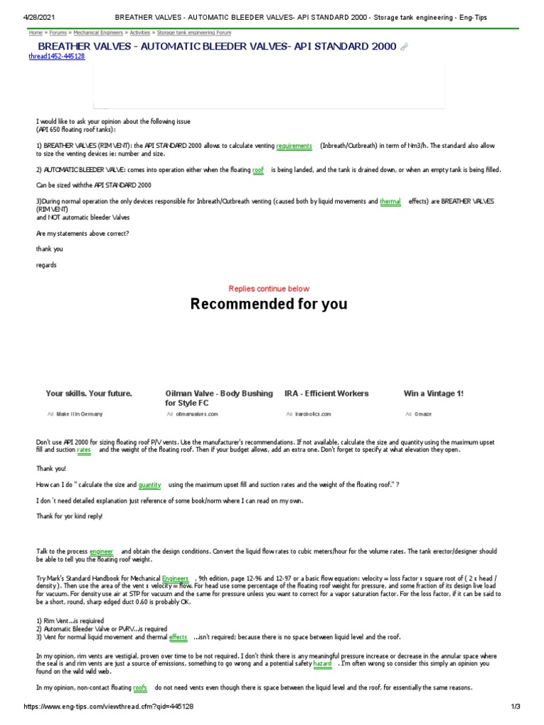 BREATHER VALVES - AUTOMATIC BLEEDER VALVES - API STANDARD 2000 ...
