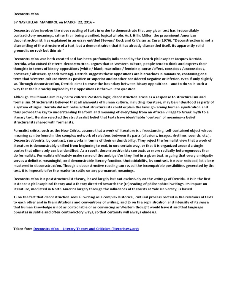 Deconstruction Literary Theory | PDF | Deconstruction | Jacques Derrida