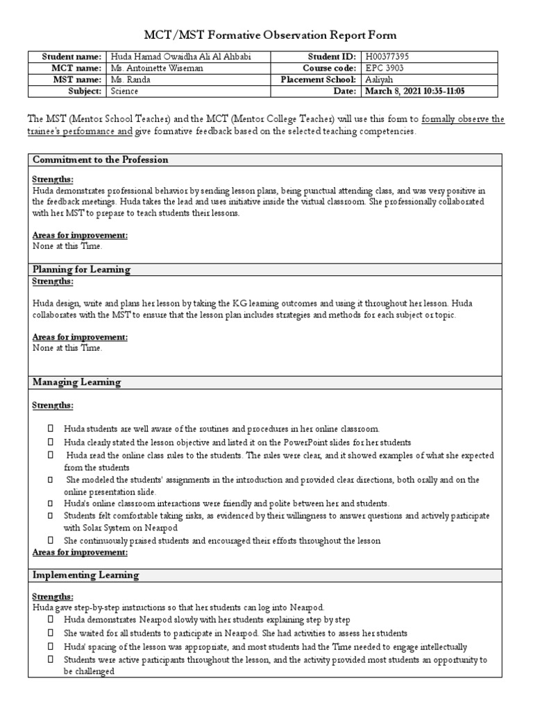 Huda's Nearpod Teaching Observation Report | PDF | Lesson Plan | Mentorship