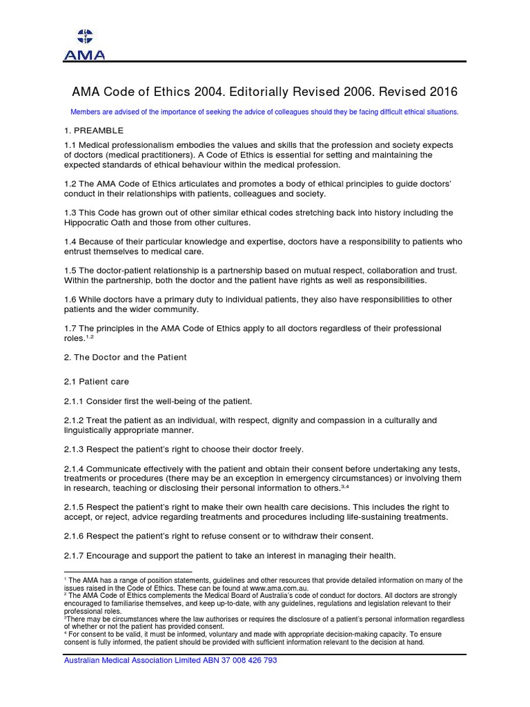 Revised 2016 AMA Code of Ethics 2004. | PDF | Informed Consent | Physician
