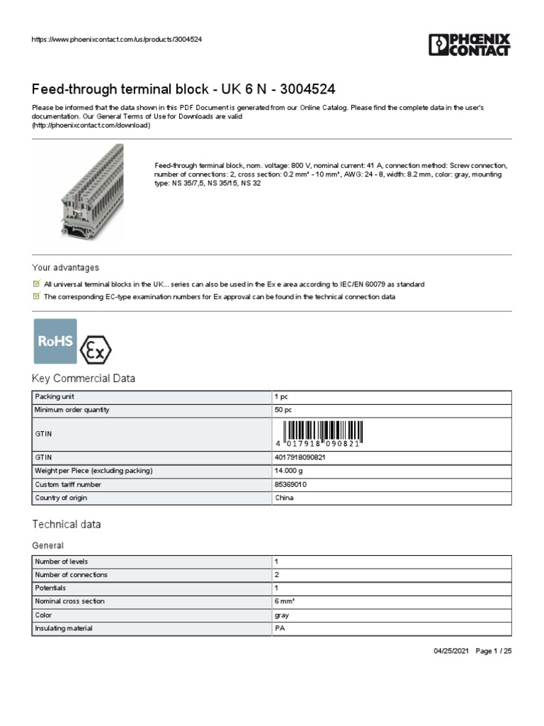 Feed-Through Terminal Block - UK 6 N - 3004524: Key Commercial Data ...