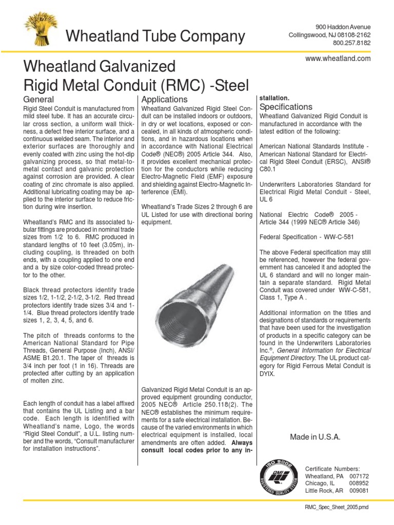 Wheatland Tube Company Wheatland Galvanized Rigid Metal Conduit (RMC ...