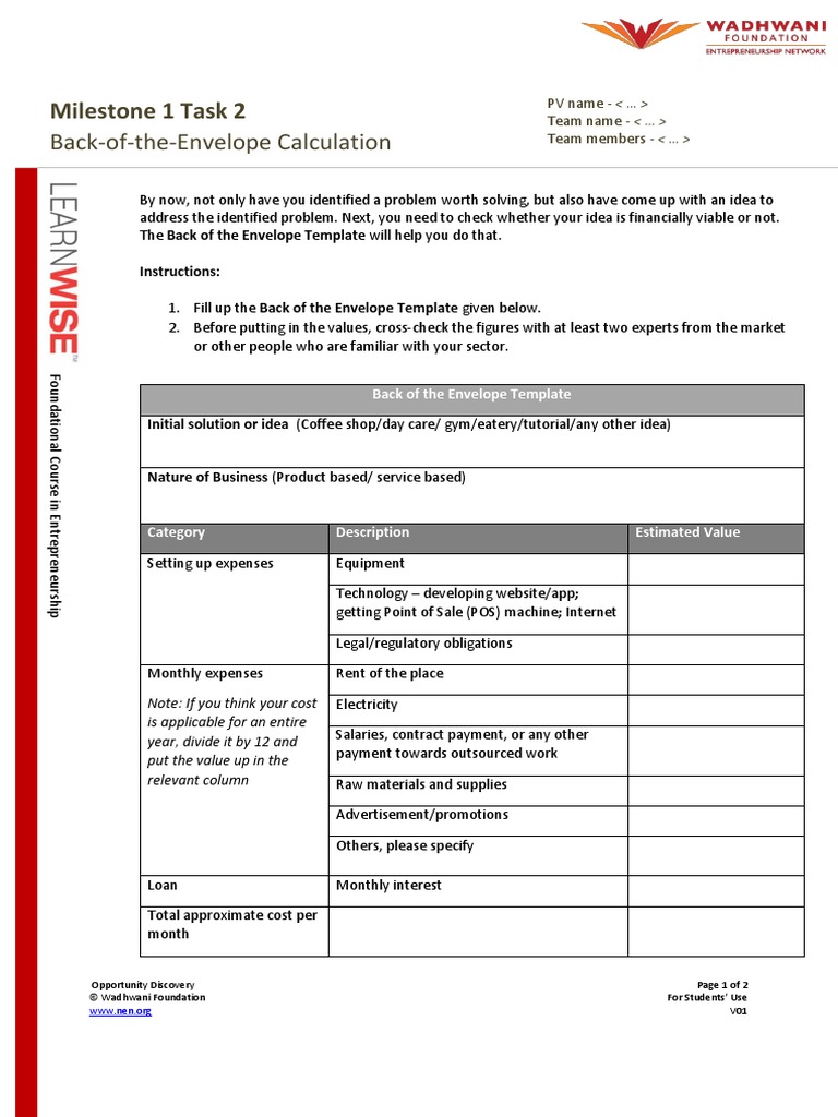 02-05-MILESTONE1TASK2 Back To Envelope Calculation | PDF | Sales ...