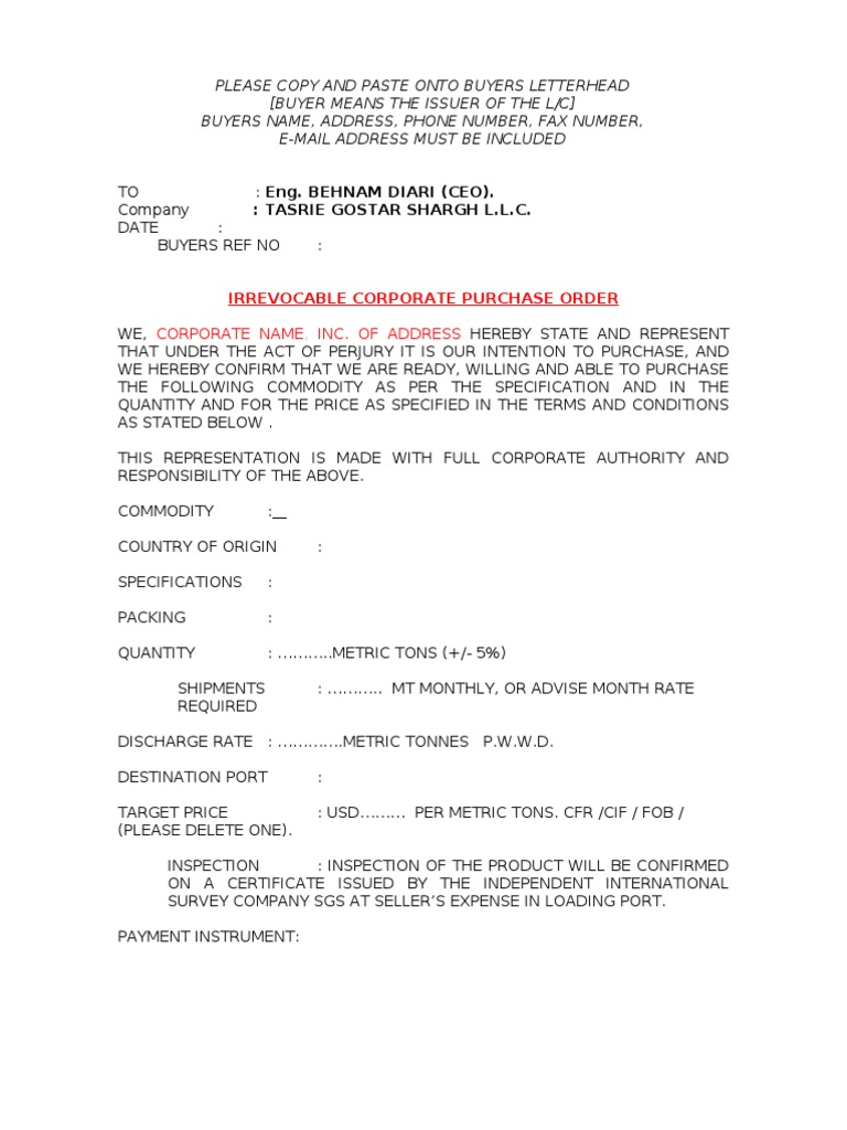 Irrevocable Corporate Purchase Order Template | PDF | Service ...