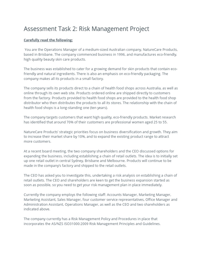 Assessment Task 2: Risk Management Project: Carefully Read The ...