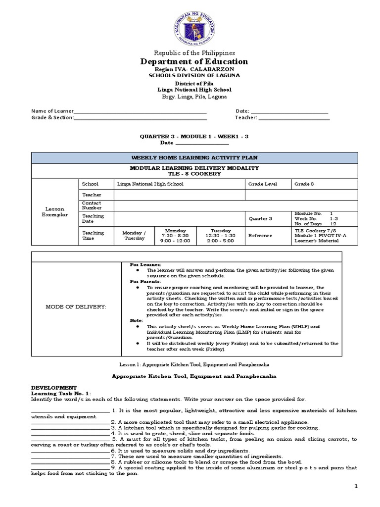 Grade 8 TLE Cookery Weekly Plan | PDF | Kitchen | Dishwasher