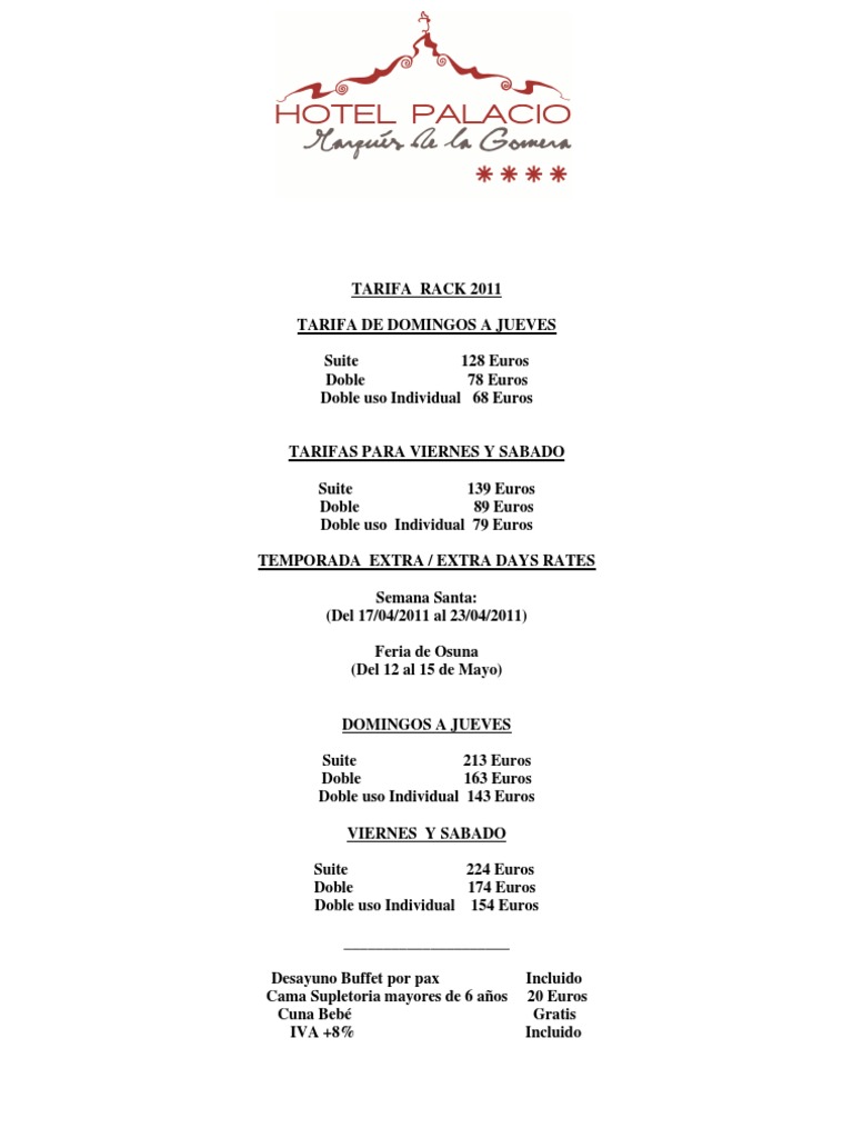 Tarifas Rack del Hotel Ciudad R.A.T. | PDF