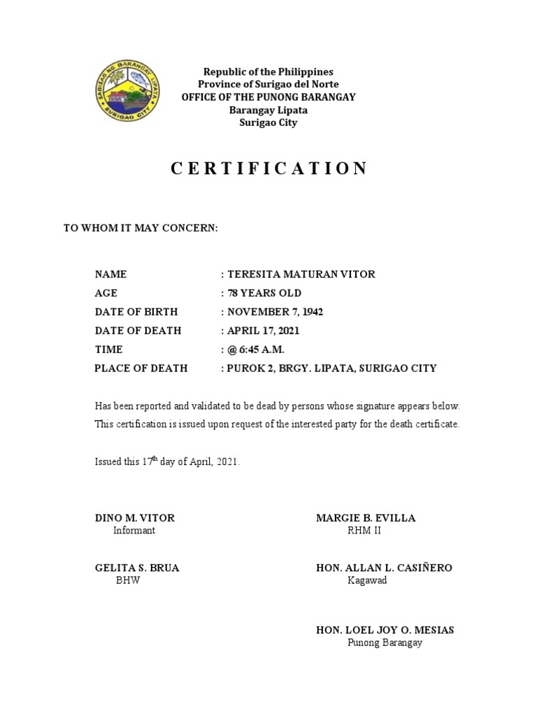 Certification For DEATH | PDF
