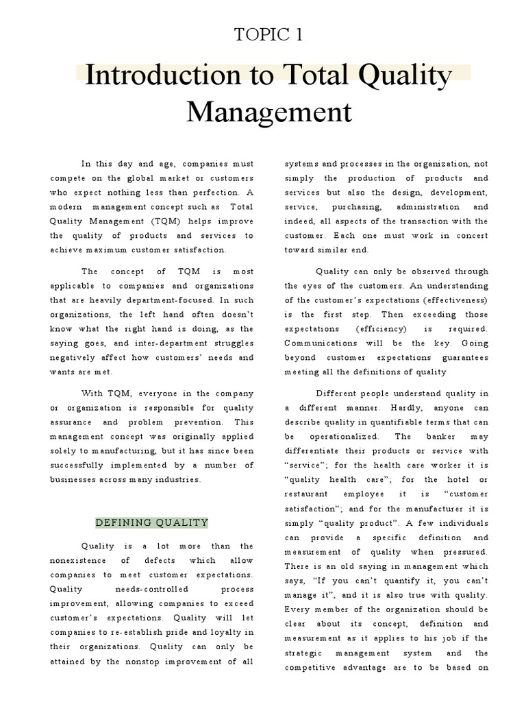 Introduction To Total Quality Management: Topic 1 | PDF | Teaching ...