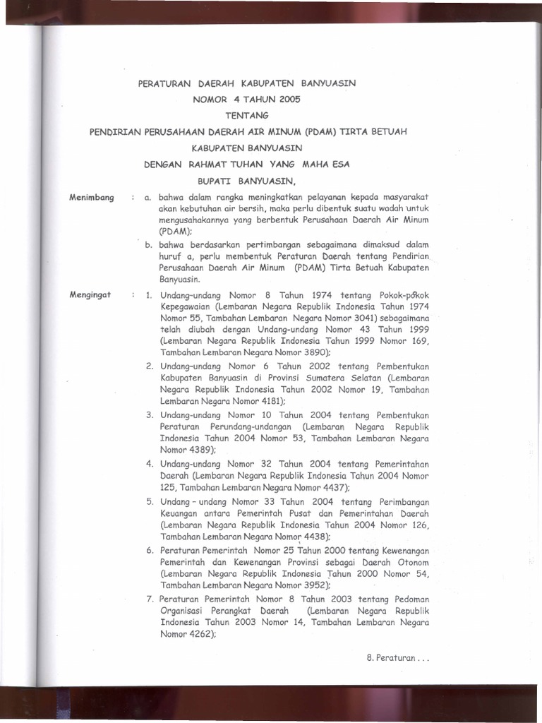 Perda 4 Tahun 2005 Pendirian Pdam Tirta Betuah | PDF