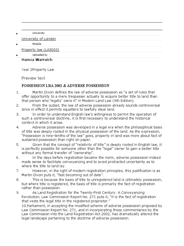 Adverse Possession & LRA 2002 Overview | PDF | Adverse Possession ...