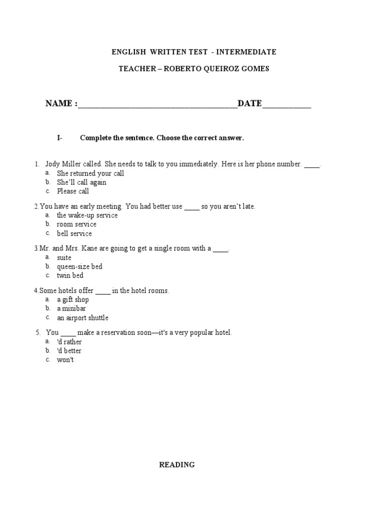 English Written Test Intermediate | PDF | Foods | Food And Drink