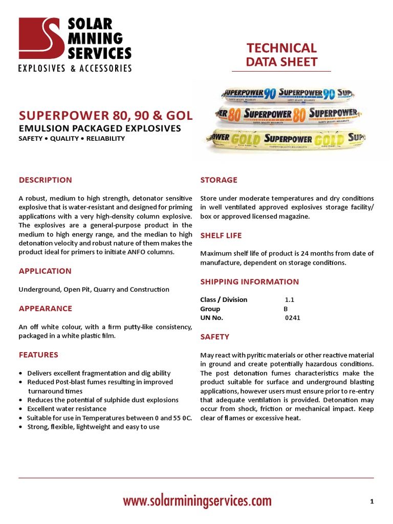 Superpower 80, 90 & Gold: Emulsion Packaged Explosives | PDF | Physical ...