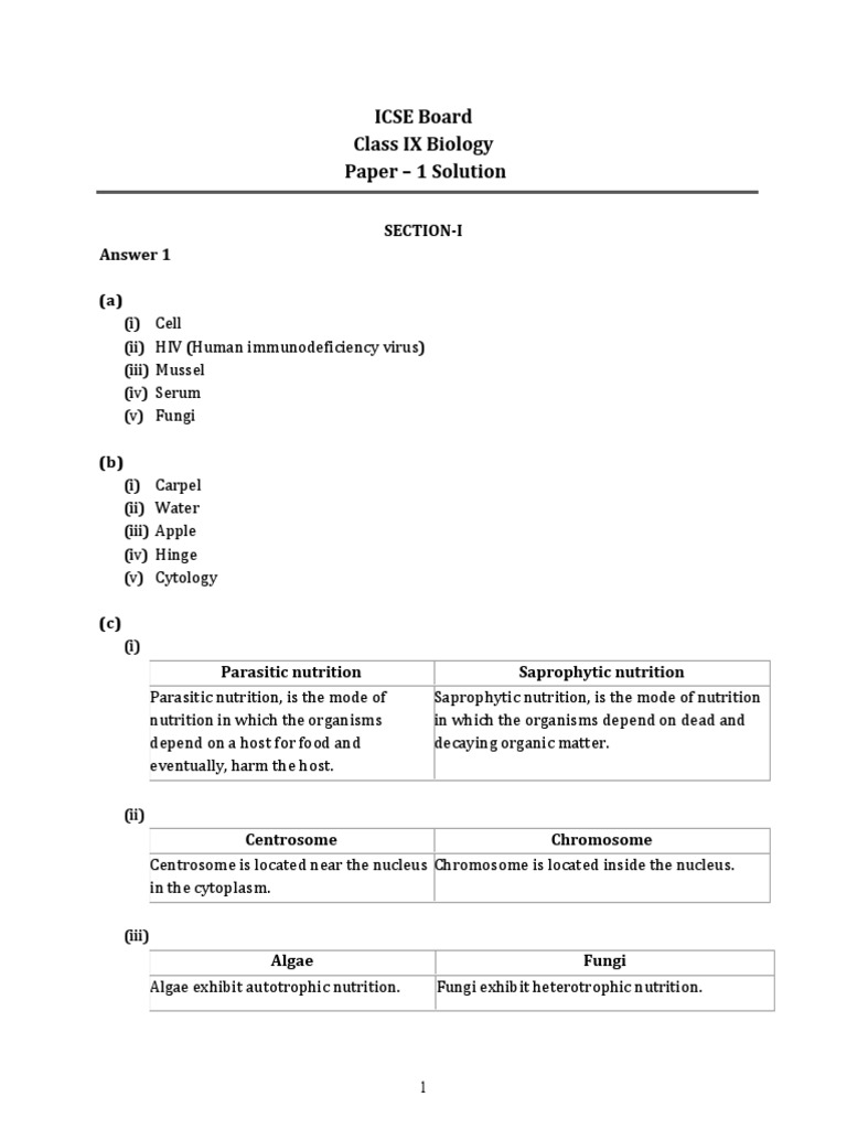 Biology 9 Icse Sample Paper 1 Solution | PDF | Petal | Flowers