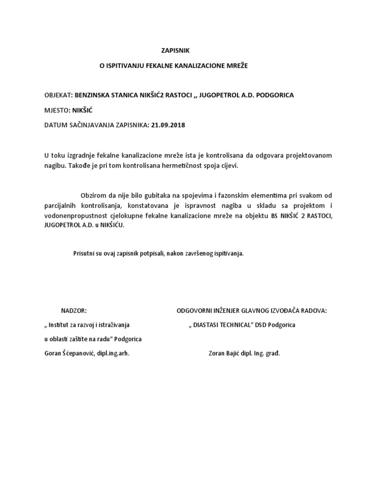 ZAPISNIK o Ispitivanju Fekalne Kanalizacione Mreže NK2 | PDF