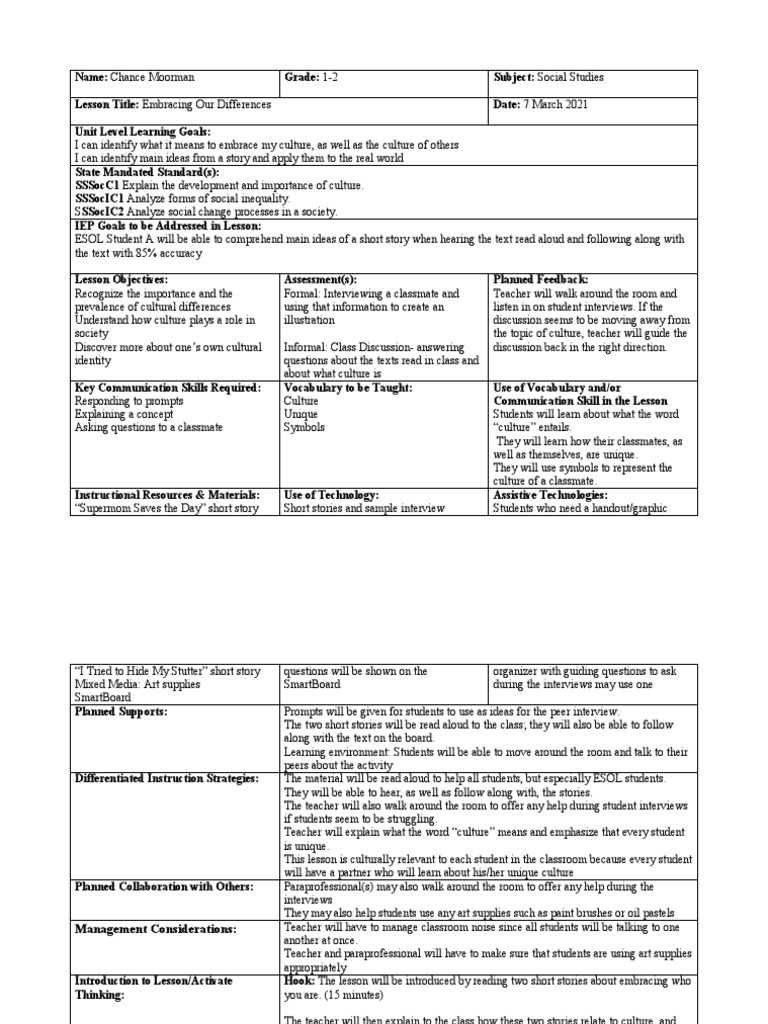 Embracing Our Differences Lesson Plan | PDF | Question | Teachers