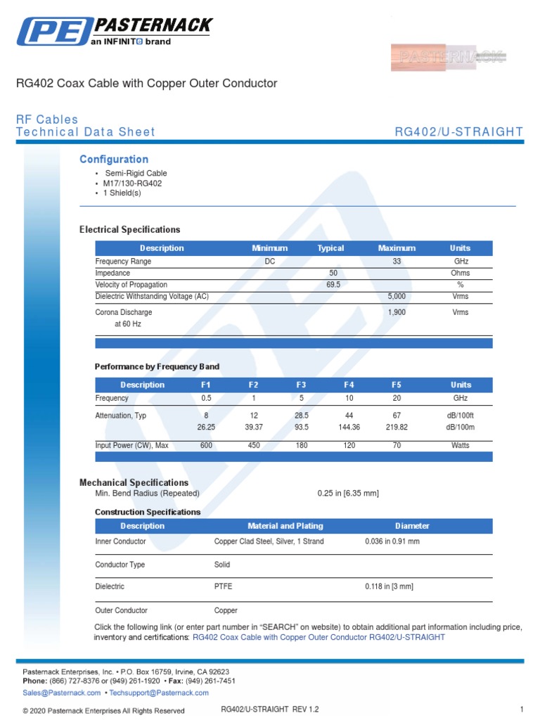RG402 Coax Cable With Copper Outer Conductor: Configuration | PDF ...